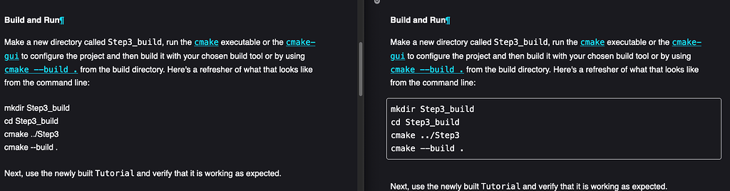 Code blocks in tutorials aren't wrapped in a element - Site Feedback - CMake Discourse