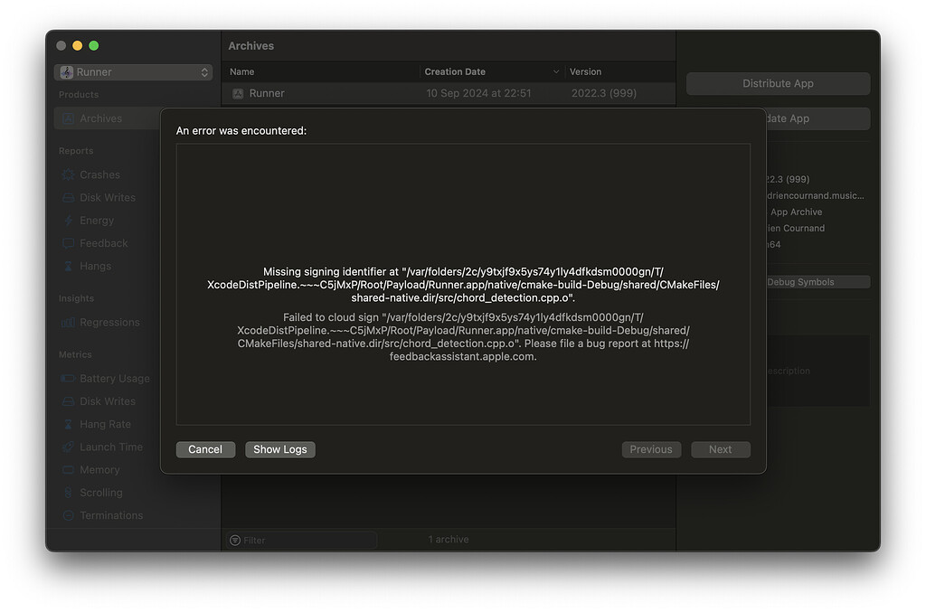 Linking a library created by cmake to my ios app gives me missing signing identifier - Usage ...